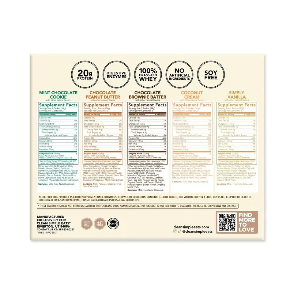 Clean Simple Eats Whey Protein Powder- Variety Pack- Naturally ...