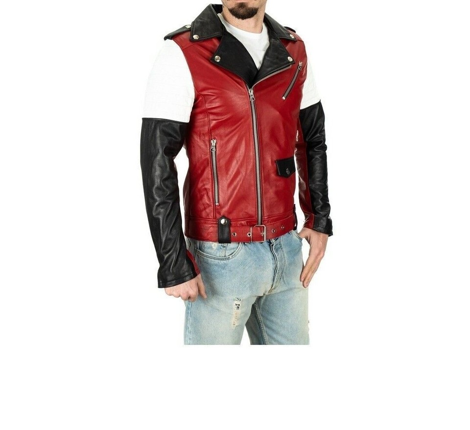 Men's Genuine Leather Multicolor Jacket Motorcycle Biker Color Block ...