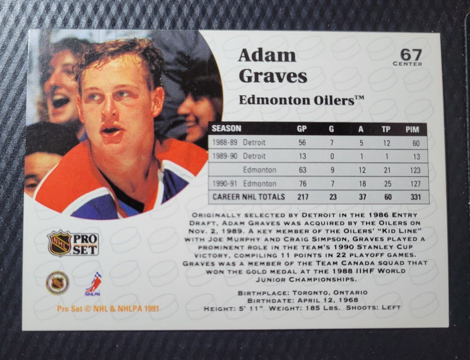 1991-92 Pro Set ADAM GRAVES Edmonton Oilers Hockey NHL ERROR Card #67 ...