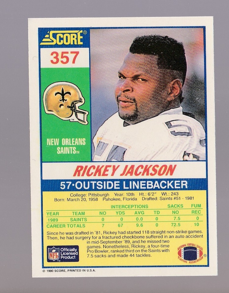 RICKY JACKSON 1990 Score Football Card #357 NEW ORLEANS SAINTS | eBay