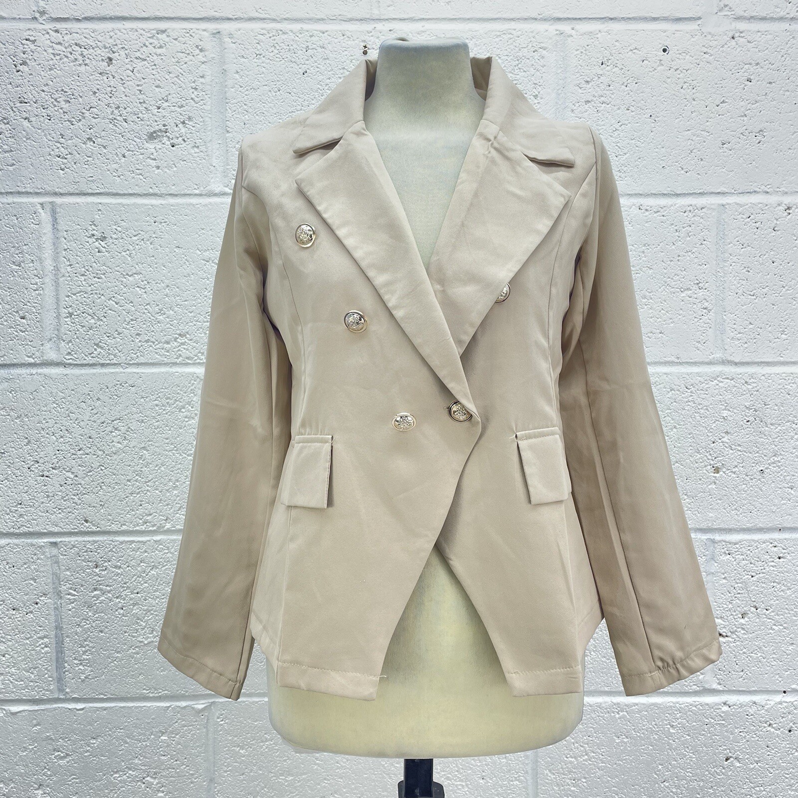 CREAM TAN BLAZER JACKET LIGHTWEIGHT GOLD BUTTON DETIAL WRAP FRONT Y2K ...