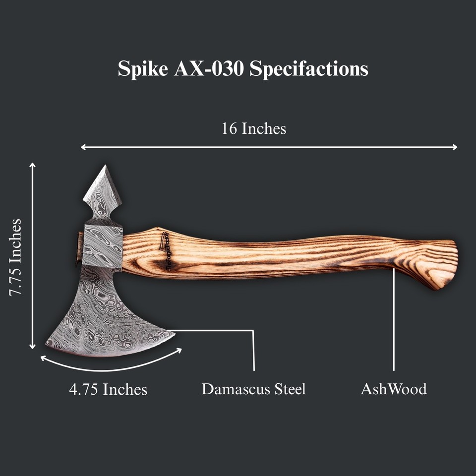 Tomahawk Spike Tactical Axe 16" Damascus Steel Ash Wood Handle Leather ...
