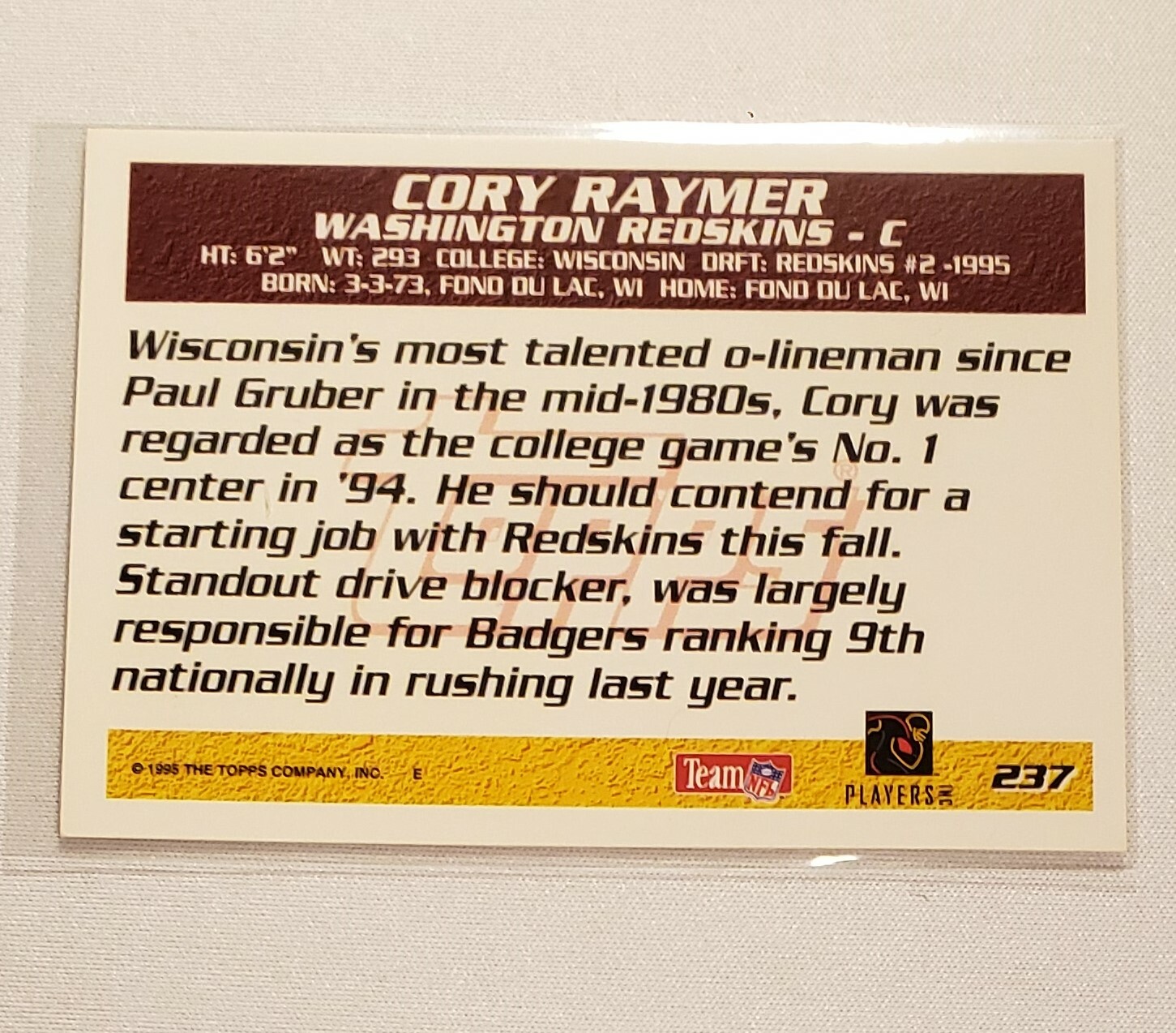 Cory Raymer 1995 Topps Draft Picks Rookie #237 - Washington Redskins ...