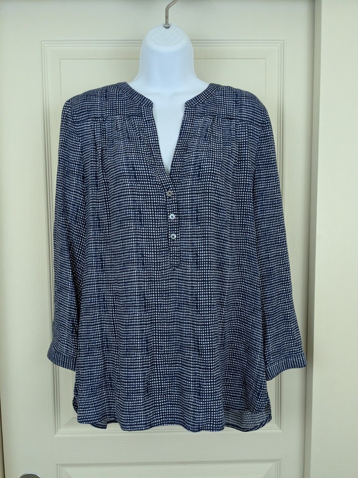 Joie Large Blue Print Split V Neck 3/4 Sleeve 100% Rayon Top Career ...