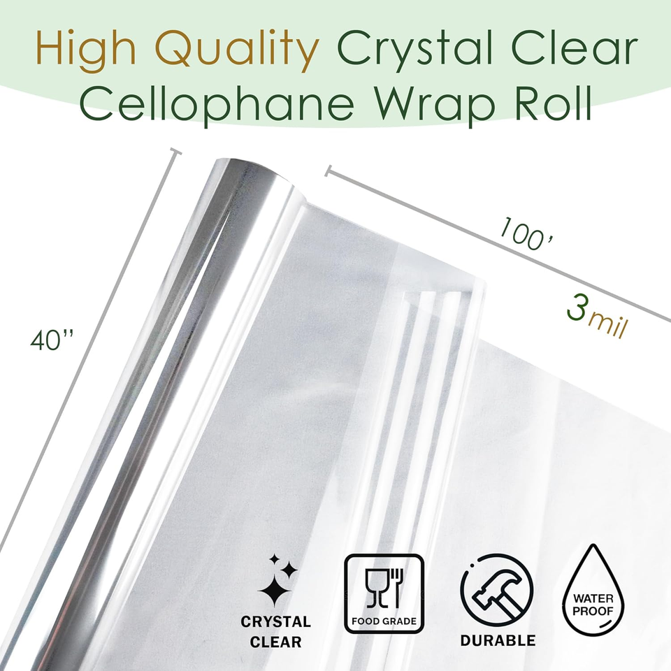 Craft and Party Clear Cellophane Wrap Roll, 40" X 100Ft Cellophane ...