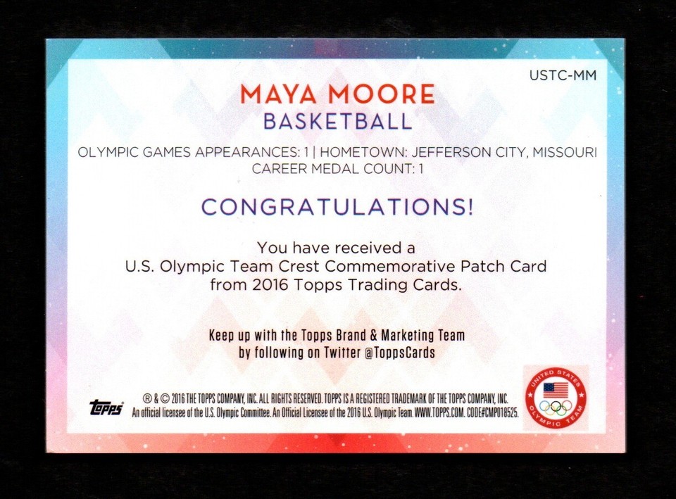 2016 Topps USA Olympic Team Crest Patch Maya Moore Basketball 08/99 ...