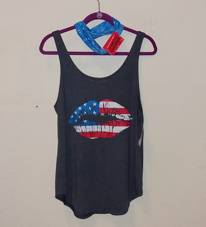 Graphic Tank Top American Flag Lips Patriotic L Charcoal Includes ...