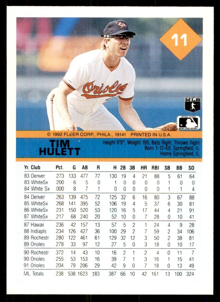 1992 Fleer Tim Hulett Baseball Cards #11 | eBay