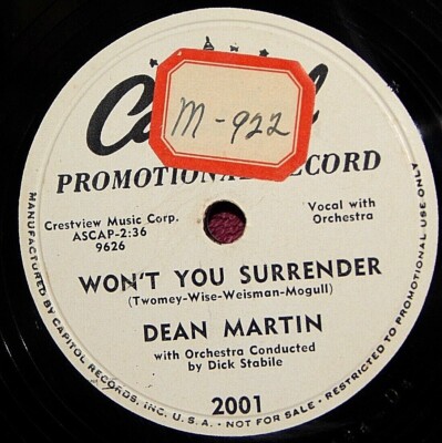 Dean Martin Won't You Surrender PROMO 78 PLAY GRADED Fully Tested | eBay
