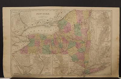 New York State Map, 1868 Insets of Buffalo Syracuse Rochester Troy ...