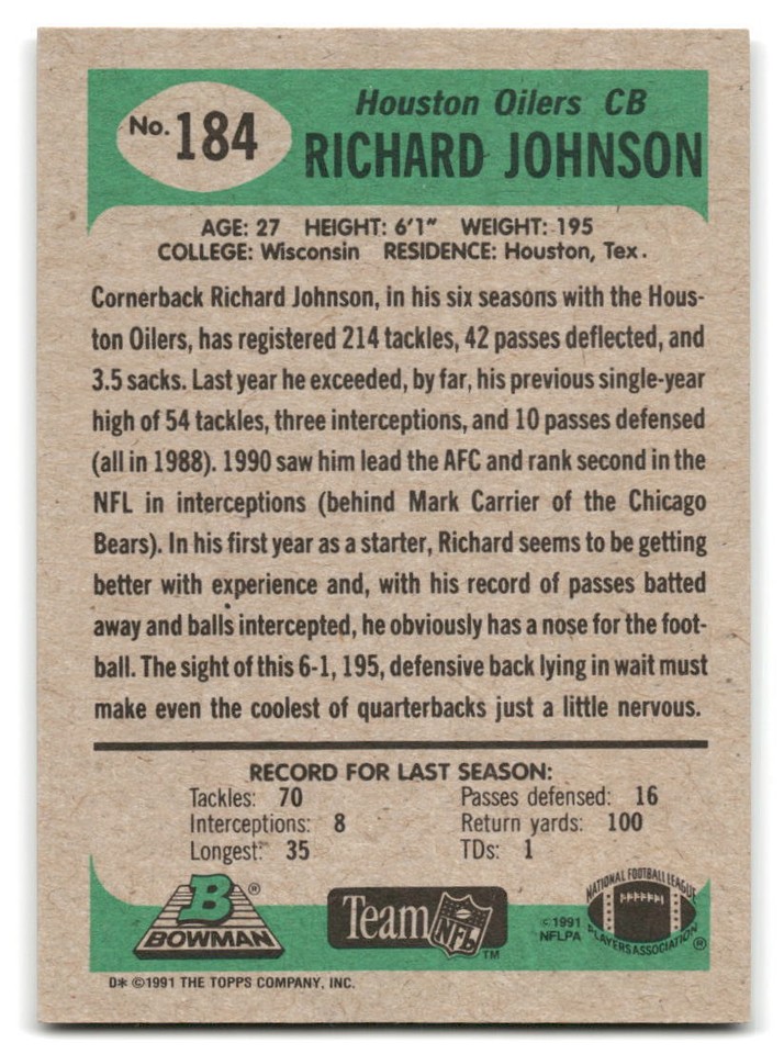 Richard Johnson 1991 Bowman FOOTBALL #184 Houston Oilers Rookie RC | eBay