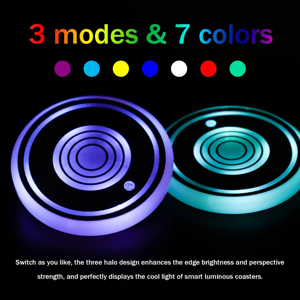2Pcs Car Cup Holder Lights - 7-Color LED Interior Decoration Light Pads ...