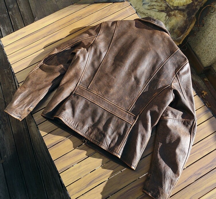 Mens Vintage Style Tea-core Cowhide Leather Jacket Embroidery Washed ...