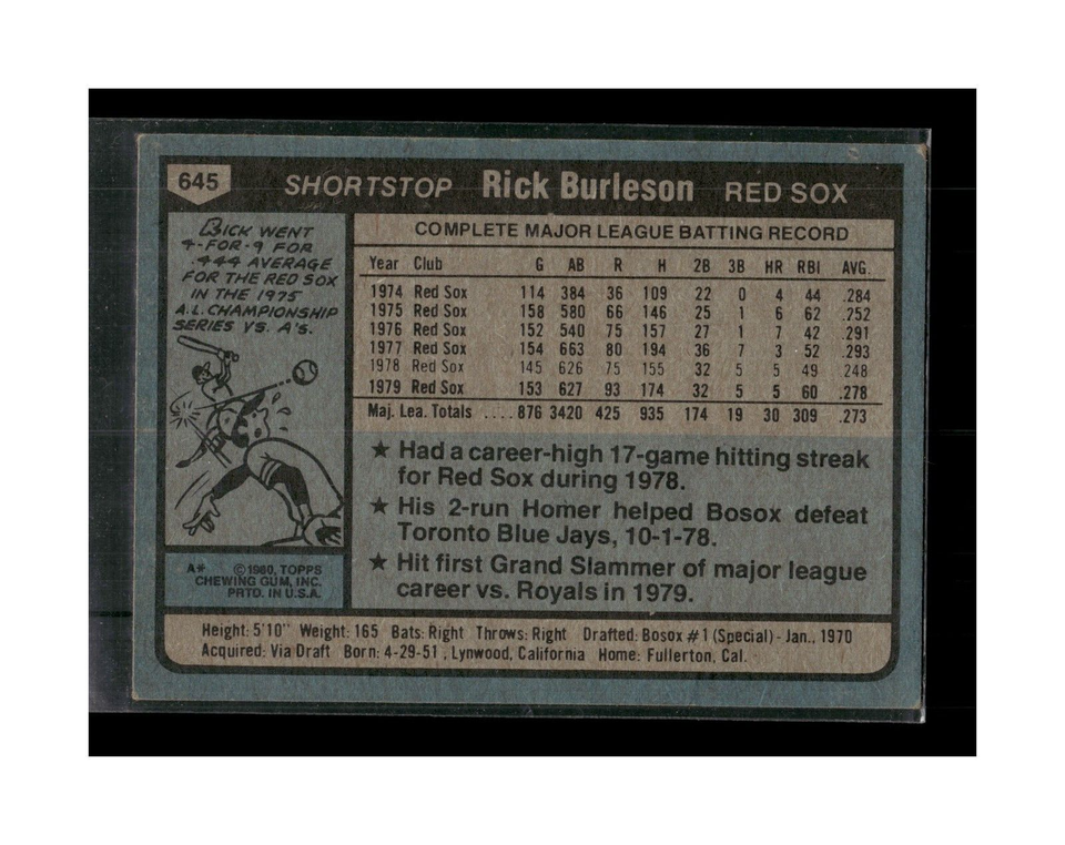 1980 Topps #645 Rick Burleson Baseball Card Boston Red Sox | eBay