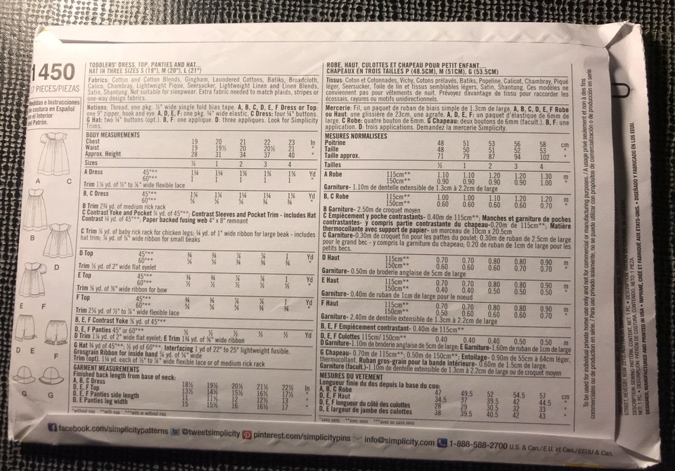 Children's Uncut Simplicity #1450A 6 Made Easy Dress & Hat Pattern USA ...