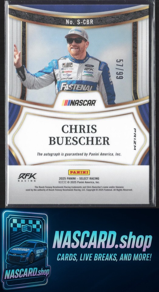 2025 Panini Select #S-CBR Chris Buescher Signatures Blue Prizms #/99 | eBay