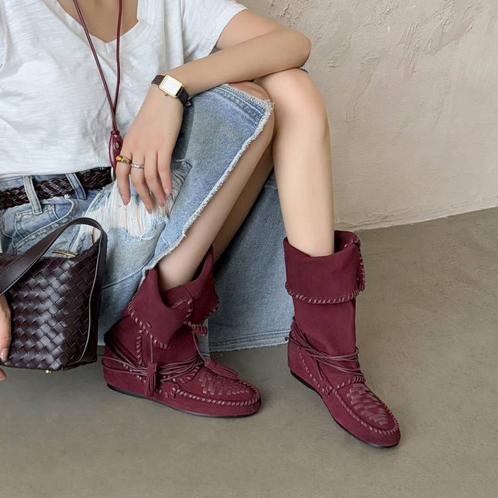 Womens Suede Leather Bohemia Tassels Riding Boots Lace Up Western ...