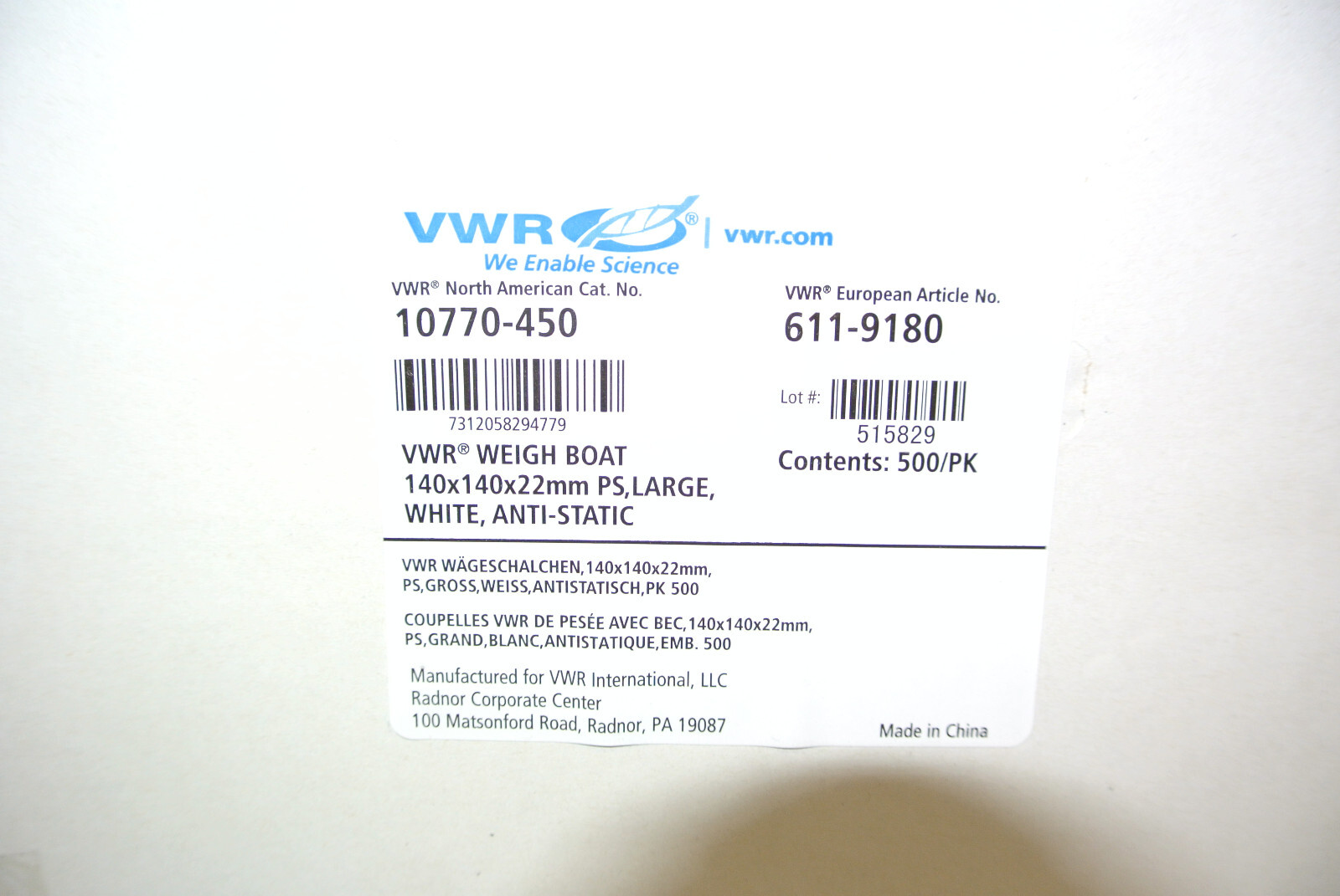 Vwr 10770-450 Large Weighing Boats 500ct. 140x140x22mm White Anti ...