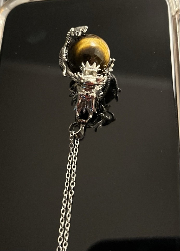 Natural Golden Tiger's Eye Round Gem Stainless Steel Dragon Necklace ...