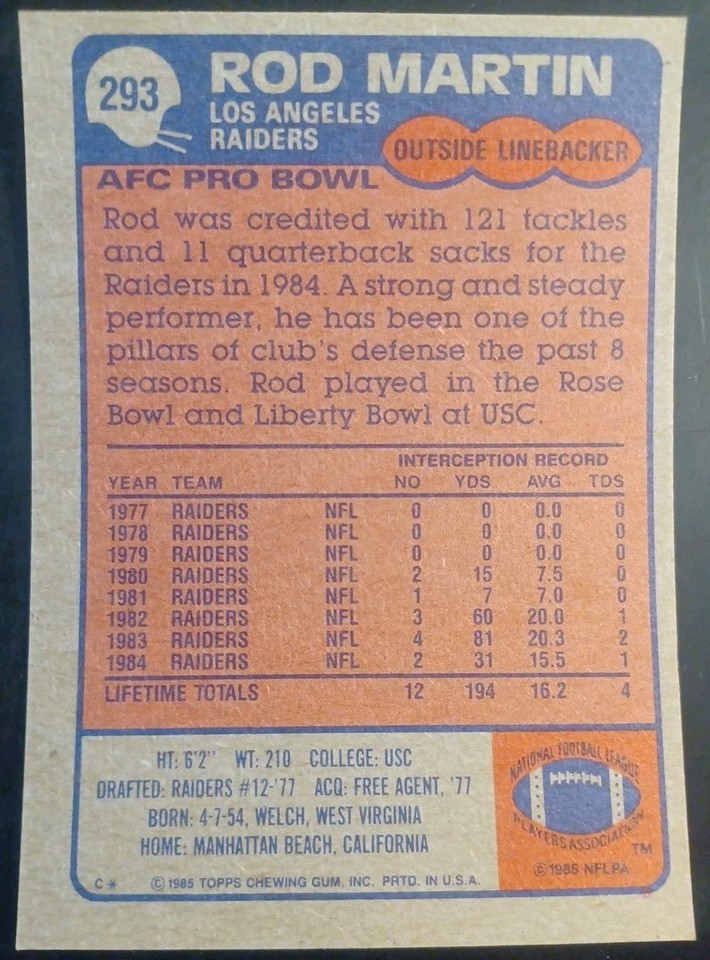 1985 TOPPS #293 LOS ANGELES RAIDERS ROD MARTIN [5] ALL PRO NM/MT 06376 ...