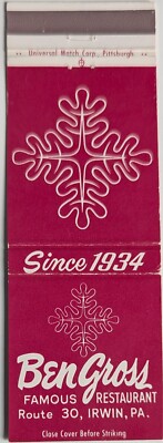 Matchcover Ben Gross Restaurant Irwin Pennsylvania | eBay
