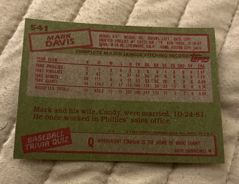 Mark Davis 1985 Topps Baseball Card 541 San Francisco Giants | eBay