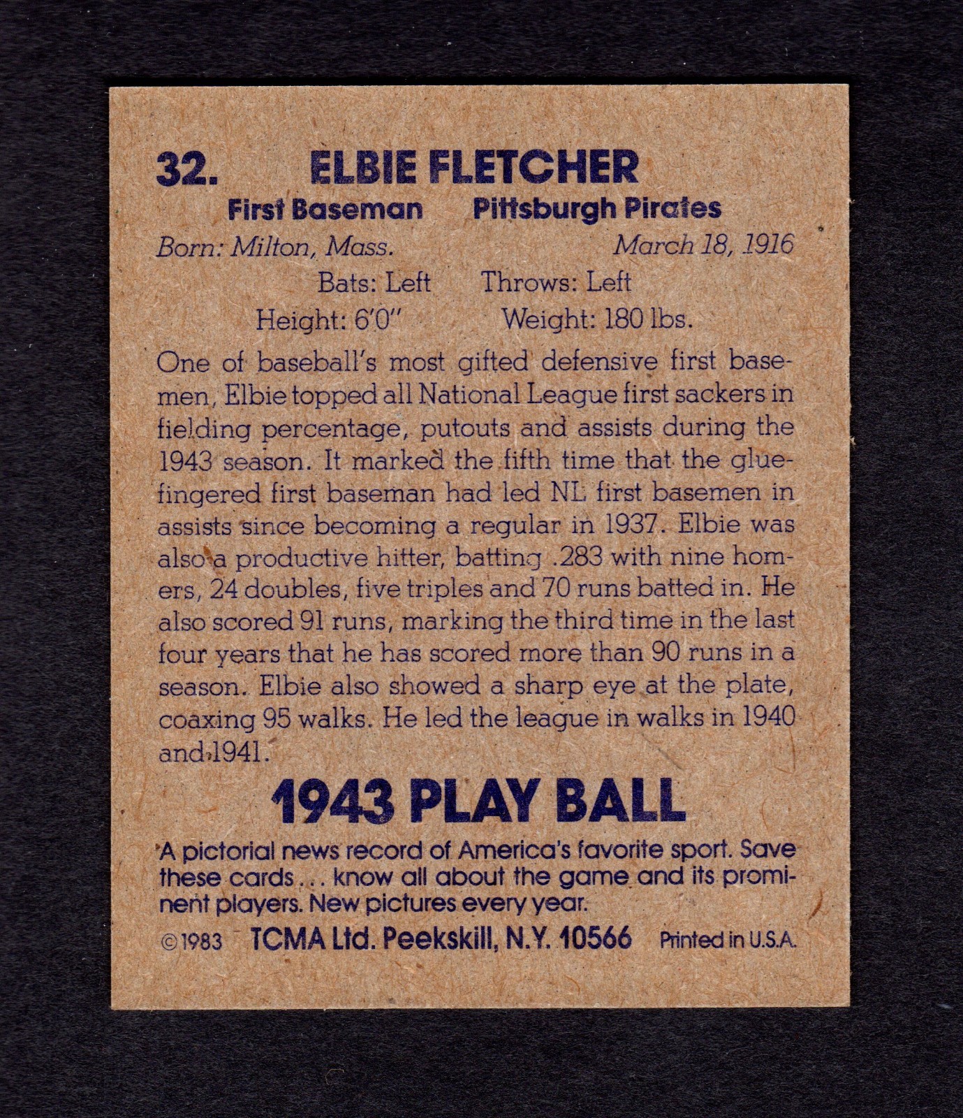 1943 Play Ball: #32 ELBIE FLETCHER, Pirates | 1983 TCMA commemorative ...