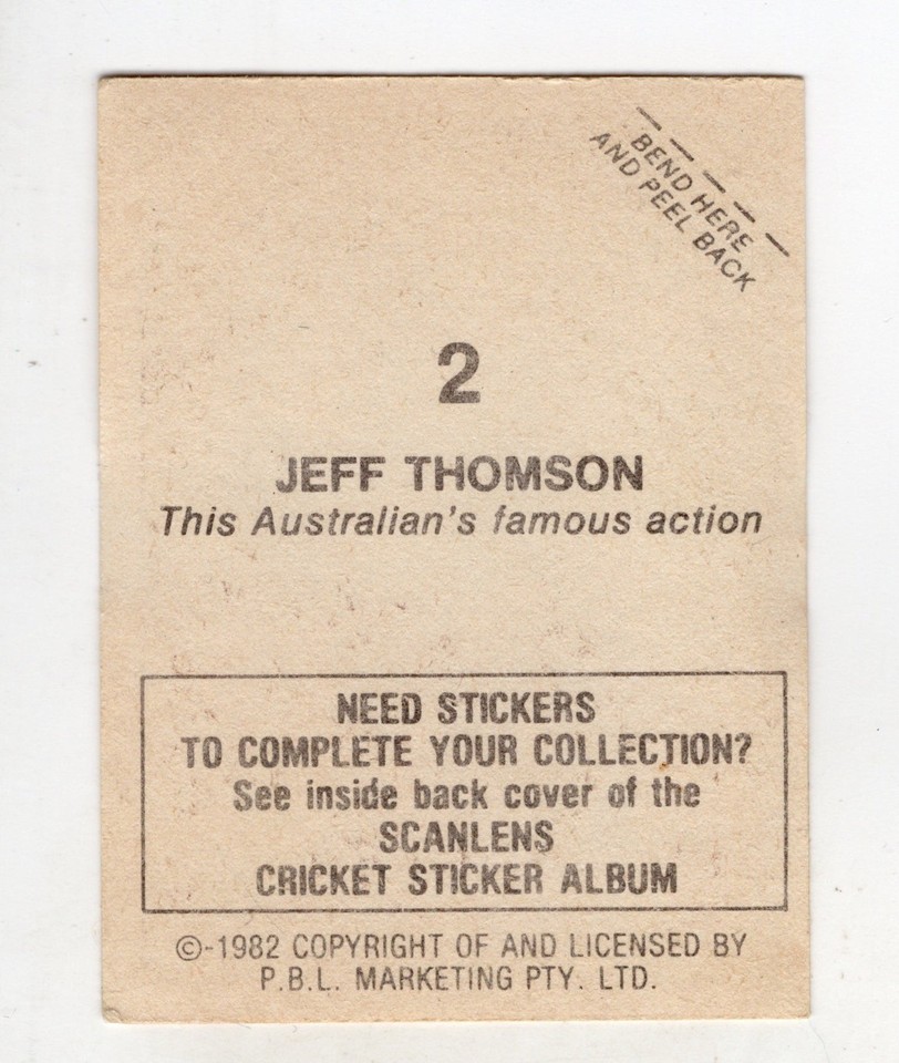 Scanlens Cricket Sticker 1982 Australia Jeff Thomson | eBay