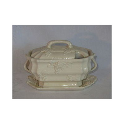 Vintage Porcelain Gravy Boat w Lid Embossed Grapes Attached Tray ...
