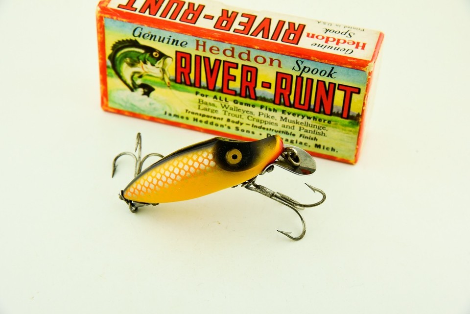 Vintage Heddon Golden Shiner River Runt SPook Antique Lure w Box Papers ...