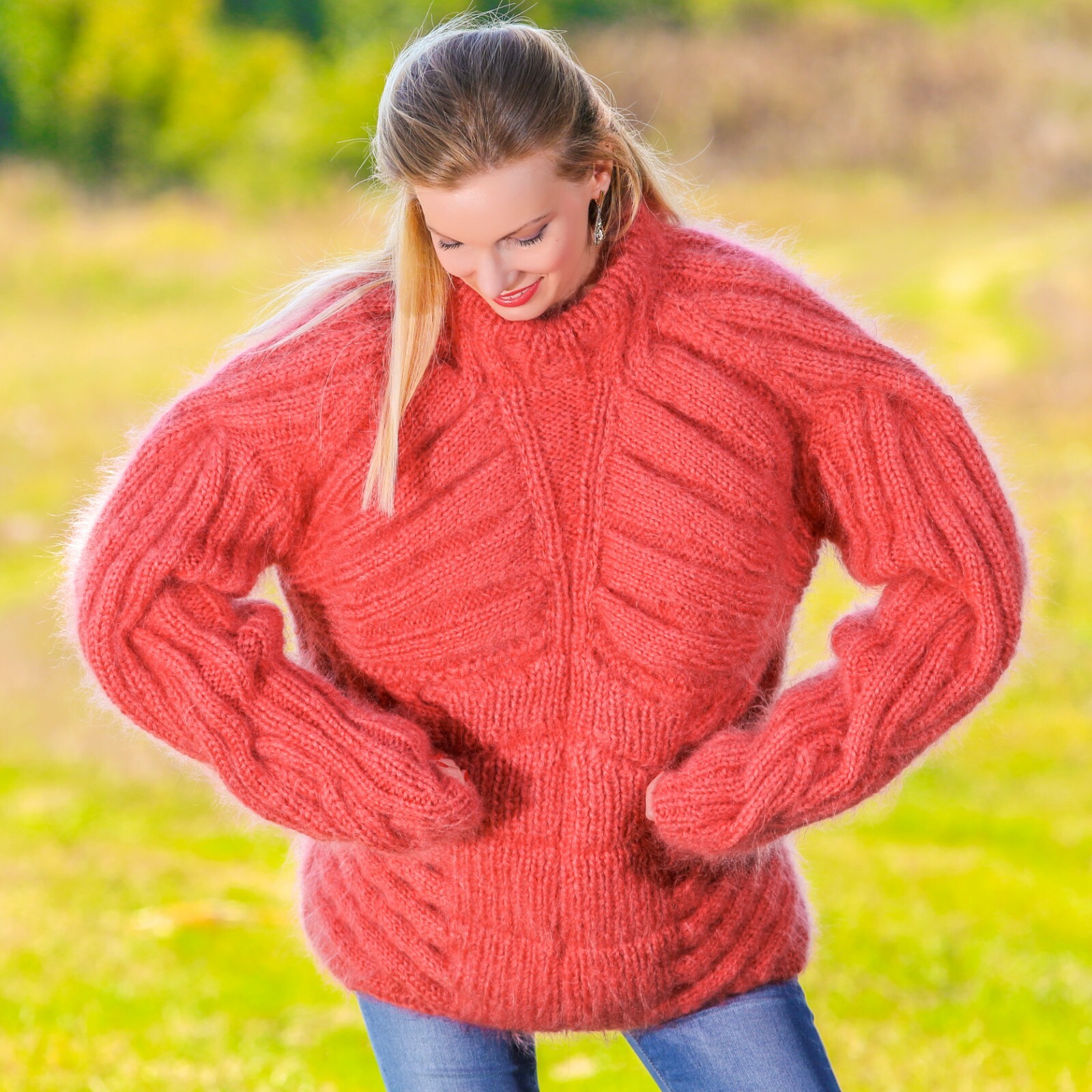 Red cable mohair sweater one of a kind pullover designer thick jumper ...