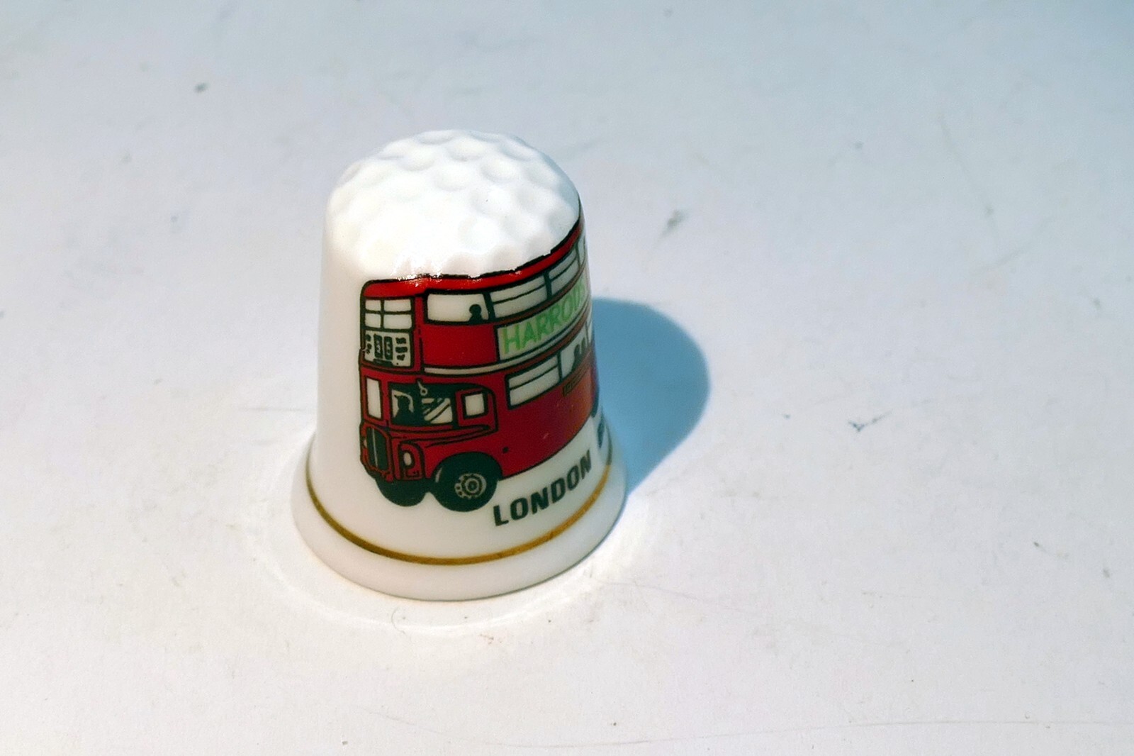 Porcelain Thimble Souvenir London UK England Bus Red Harrods | eBay