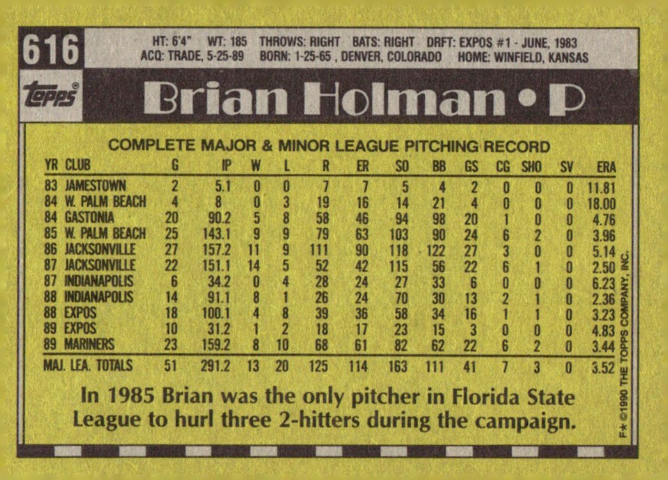 1990 Topps #616 Brian Holman - Seattle Mariners | eBay