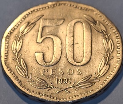 1991 CHILE 50 PESOS 10 SIDED COIN NARROW DATE LIBERTADOR B. O'HIGGINS ...
