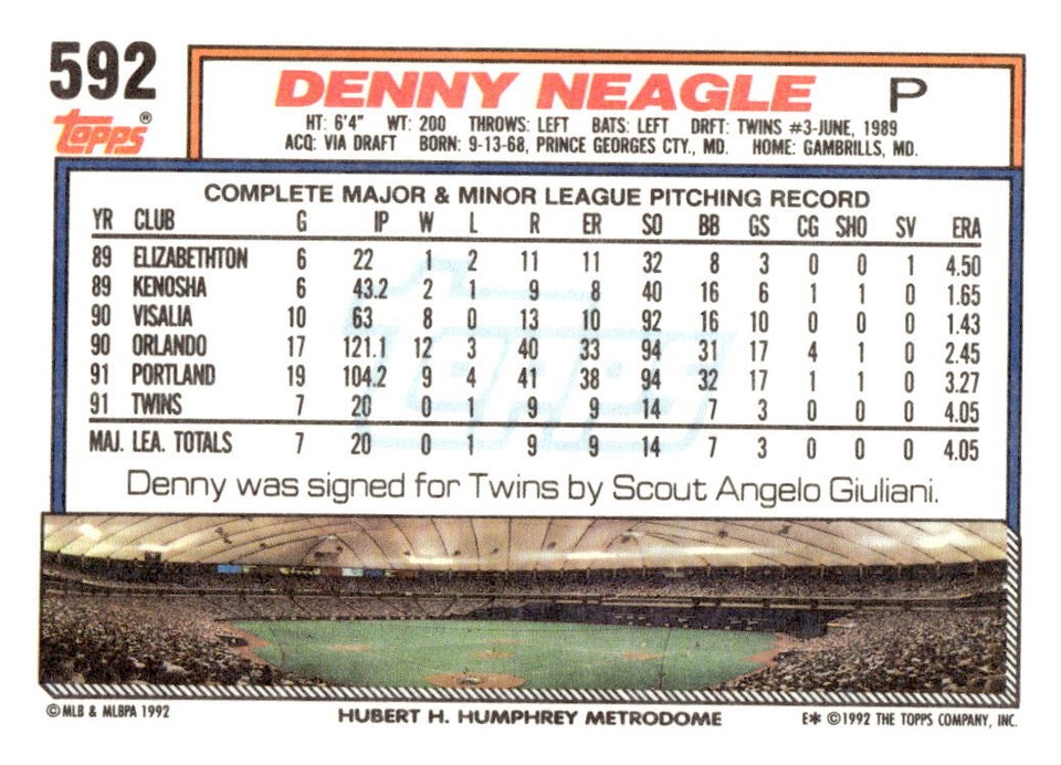 1992 Topps #592 Denny Neagle - Minnesota Twins | eBay