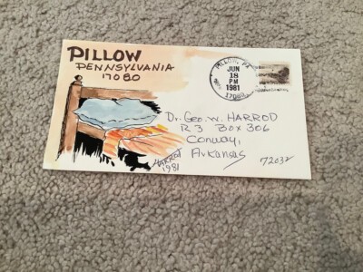 1981 PILLOW, PA.: Signed FOLK ART WATERCOLOR Postal Cover GEORGE HARROD ...