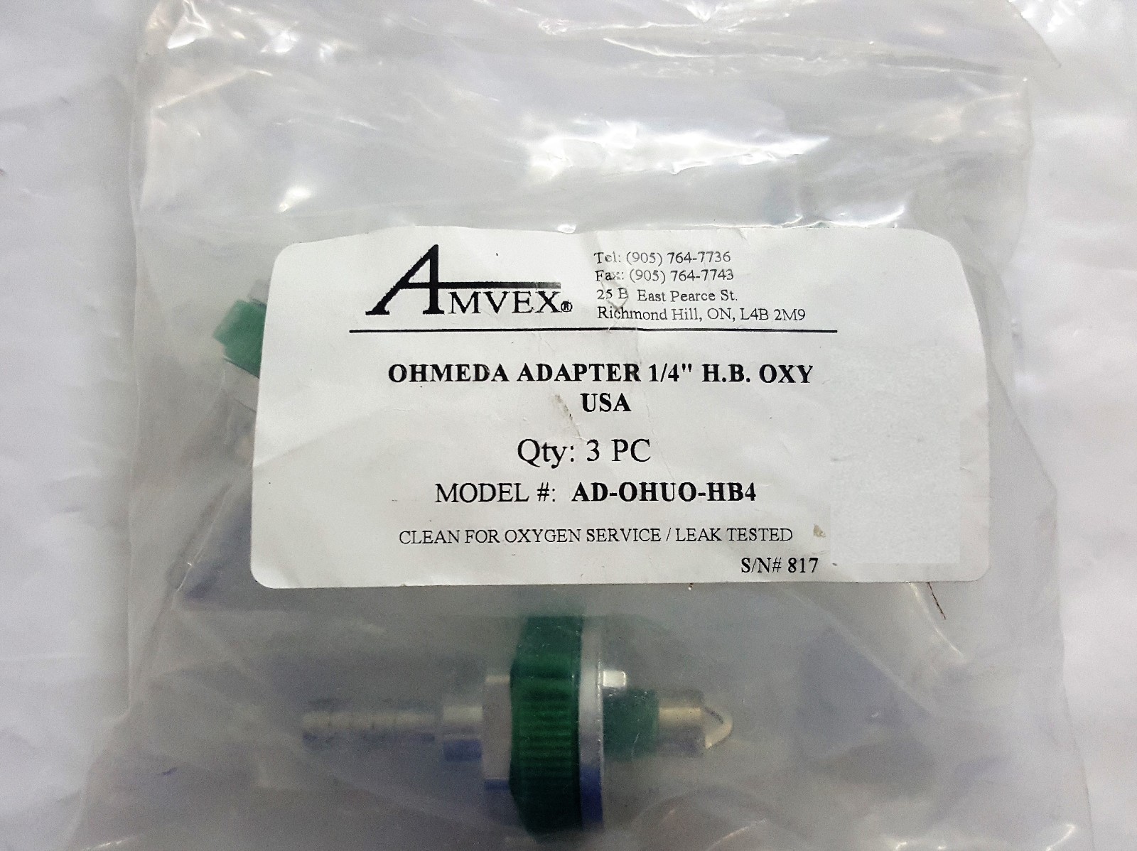 AD-OHUO-HB4 Amvex OHMEDA OXYGEN ADAPTER 1/4" H.B. OXY USA ( Pkg 3 Pieces ) | eBay