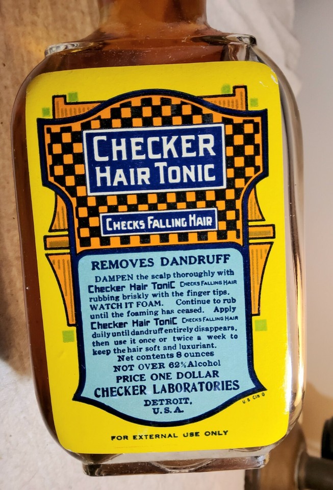 VINTAGE NEW OLD STOCK CHECKER HAIR TONIC LABELED BOTTLE IN ORIGINAL BOX ...