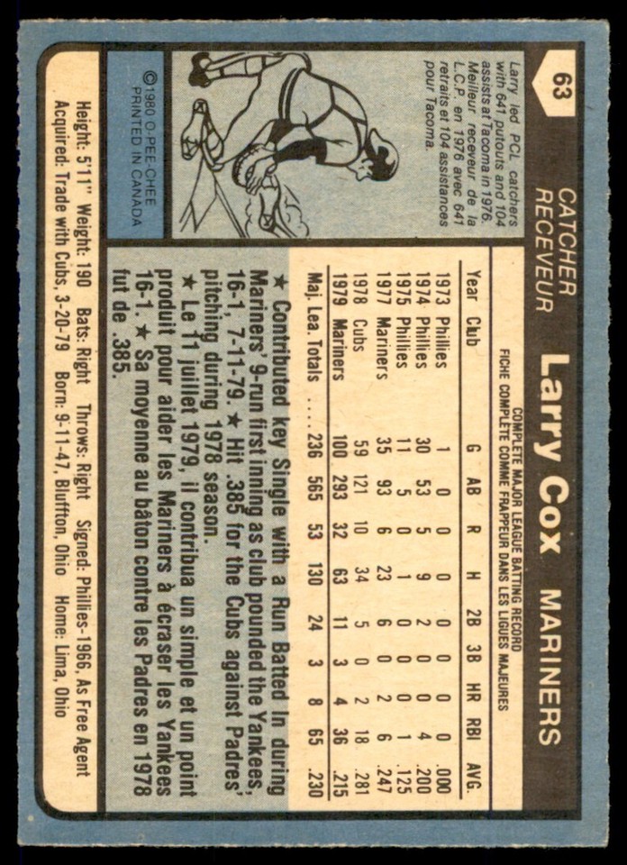 1980 O-PEE-CHEE LARRY COX SEATTLE MARINERS #63 | eBay