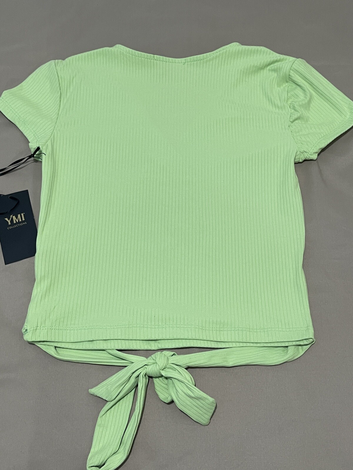New YMI Collections Green Wrap Blouse Crop Ribbed Knit Tie Waist V-Neck ...