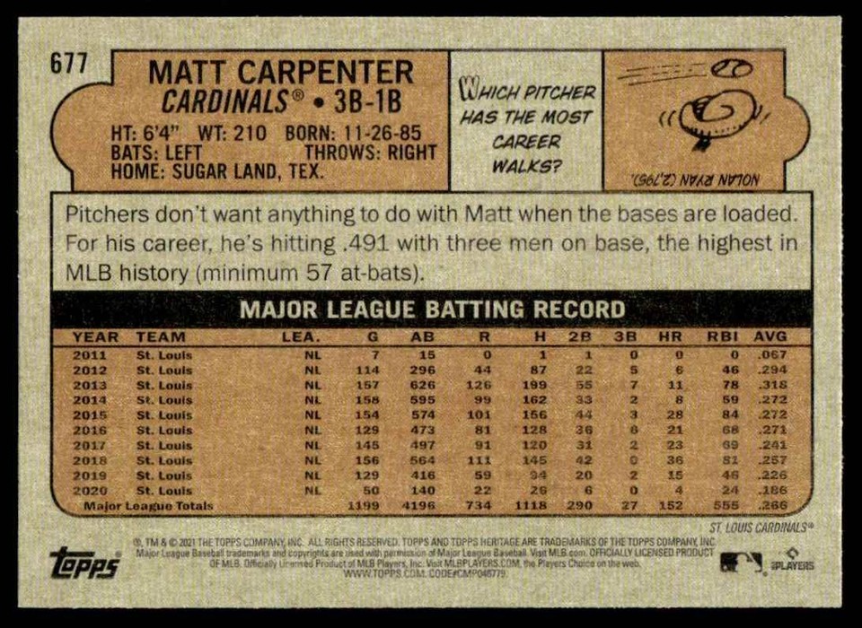 2021 TOPPS HERITAGE BASEBALL CARD MATT CARPENTER #677 ST. LOUIS ...