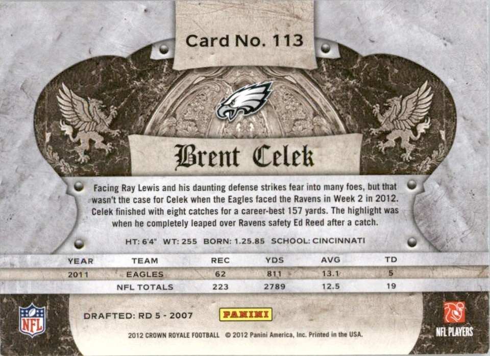 2012 Panini Crown Royale Brent Celek Philadelphia Eagles #113 Football ...