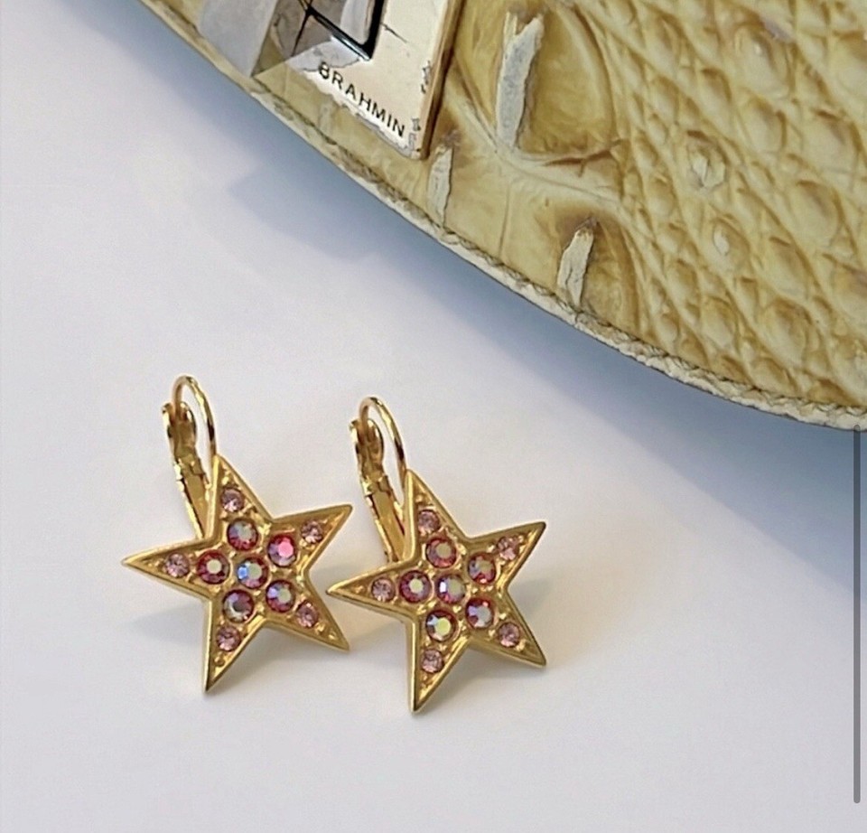 KIRKS FOLLY GOLD w/PINK BOREALIS CRYSTALS STAR EARRINGS | eBay UK