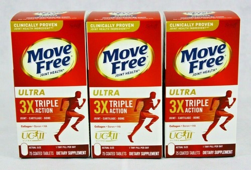3 Bottles Schiff Move Free Ultra Triple Action 75 Tiny Tablets with UC ...