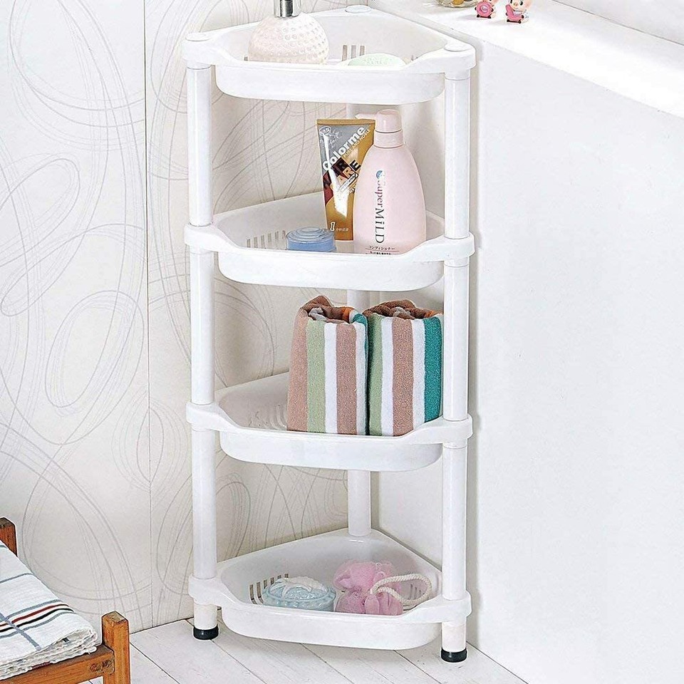 Bathroom 4 Tier Plastic Shower Caddy Corner Shelf Pole Rack Kitchen ...