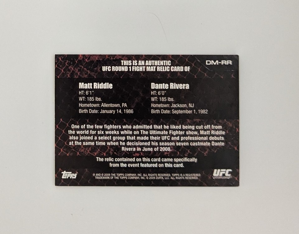 2009 Topps UFC Round 1 MATT RIDDLE Mat Relic Rookie. | eBay