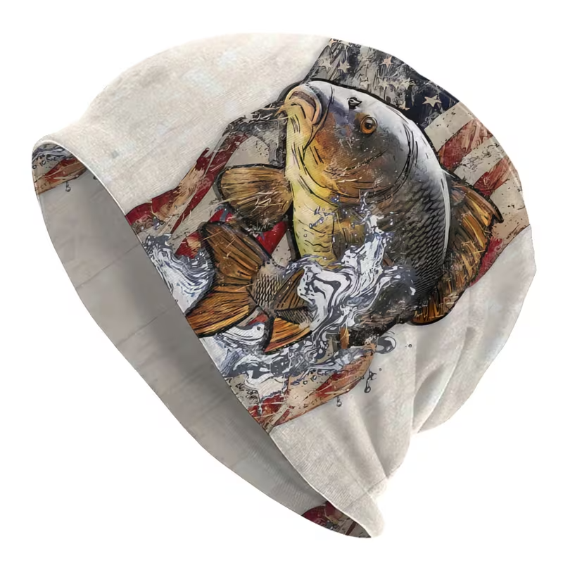 Men's Fishing Beanie Hat with Carp & Bass Fish Design | eBay UK