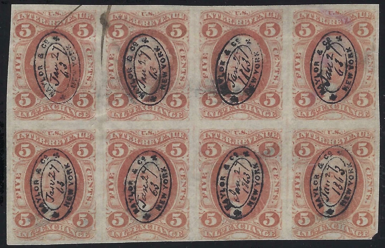 US Sc. # R27a - Block of 8 - Dated Naylor & Co. Cancels - Curtis Census ...