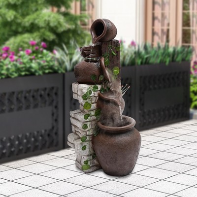 LED Cascading Rustic Asian Three Jugs Outdoor Floor Water Fountain Kit ...