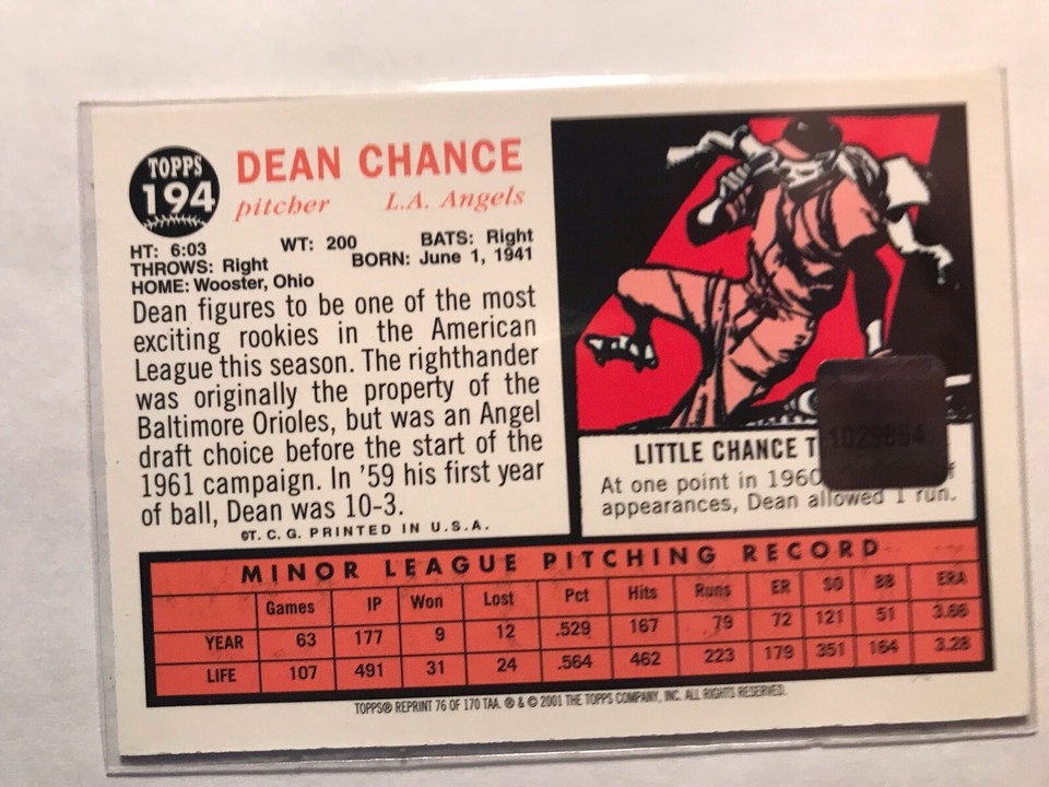 DEAN CHANCE - AUTO - 2001 Topps Archives - Certified Autograph Issue ...